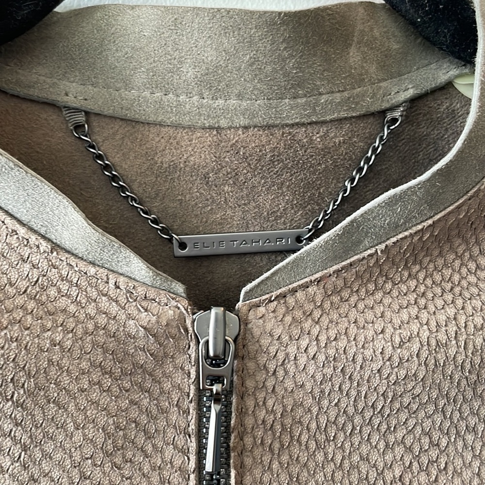 Elie Tahari Cropped Leather Jacket Snake Scale - Gem